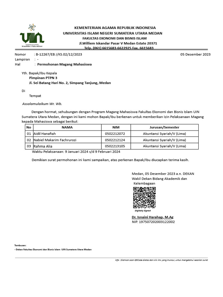 Surat Magang PTPN 3 . | PDF