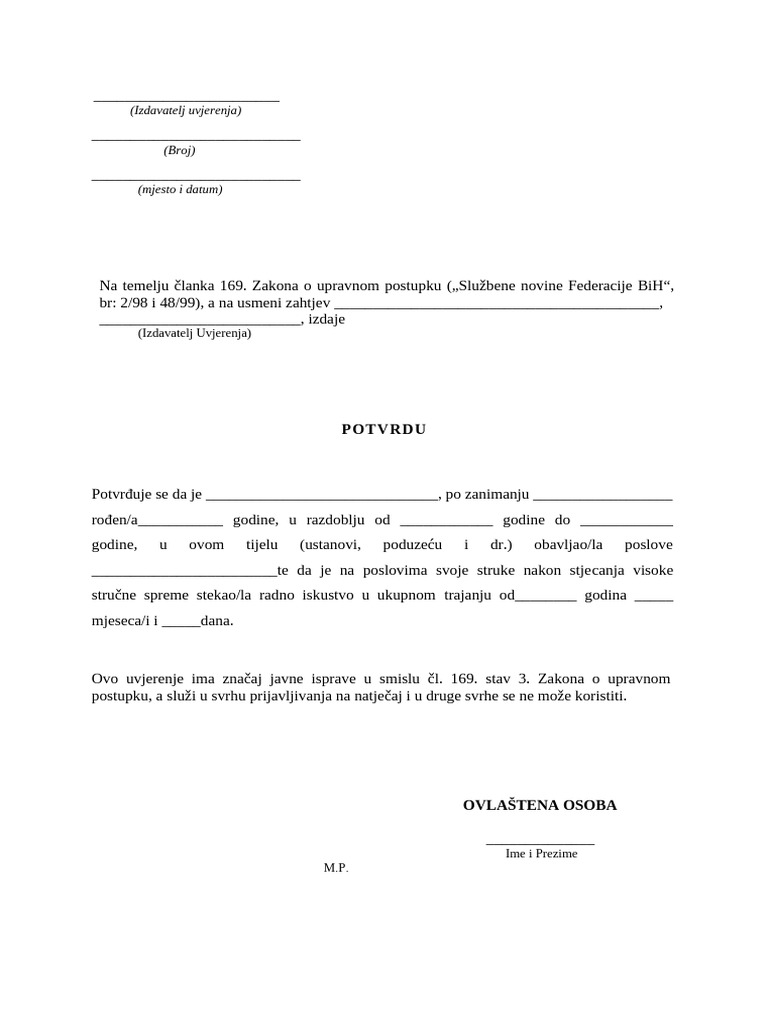 OBRAZAC-POTVRDE-O-RADNOM-ISKUSTVU1 | PDF