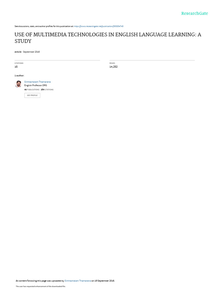 Useof Multimediatechnologiesin Englishlanguagelearning AStudy | PDF | Multimedia | Educational ...
