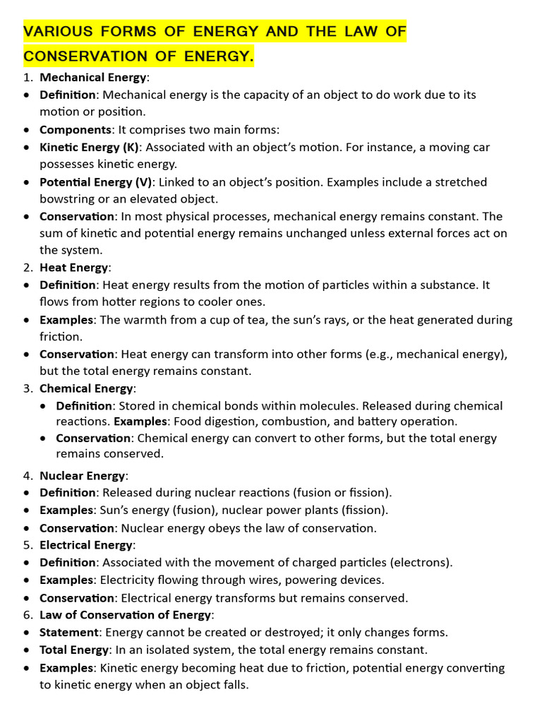 Various Forms of Energy and The Law of Conservation of Energy ...