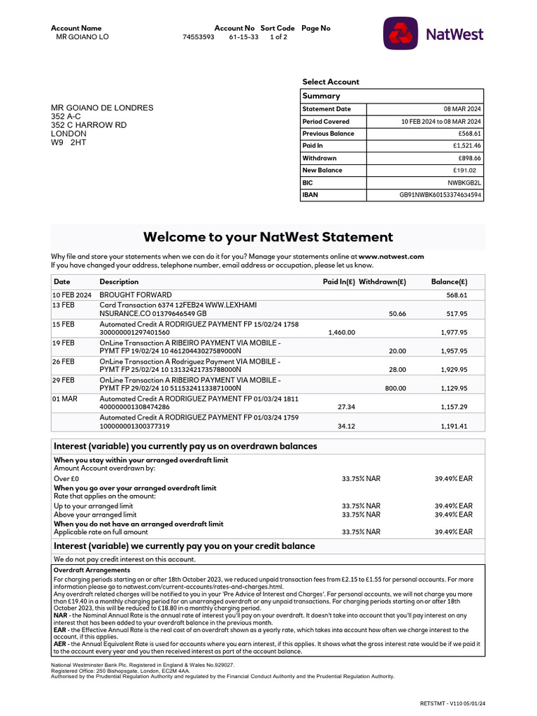 NatWest Bank Statement Summary 2024 | PDF | Overdraft | Interest