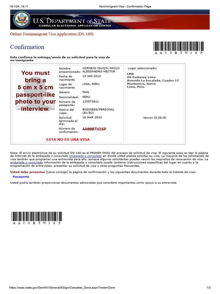 PAOLONonimmigrant Visa - Confirmation Page | PDF | Oficina Federal de ...