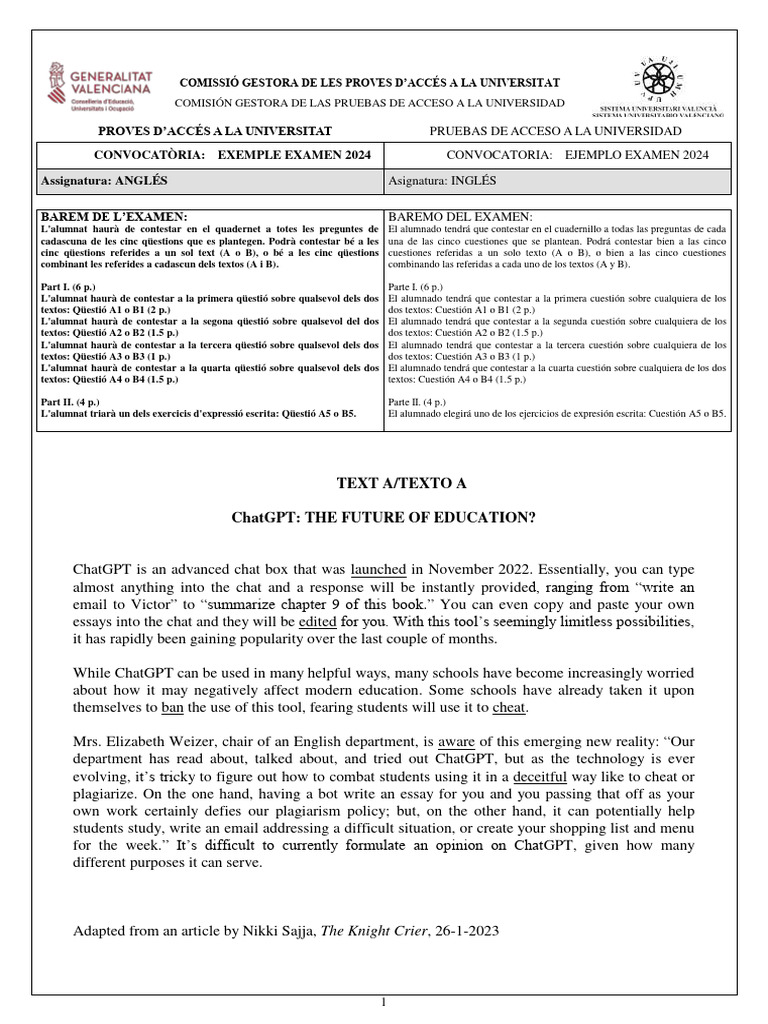 INGL EJEMPLO EXAMEN PAU 2024 | PDF