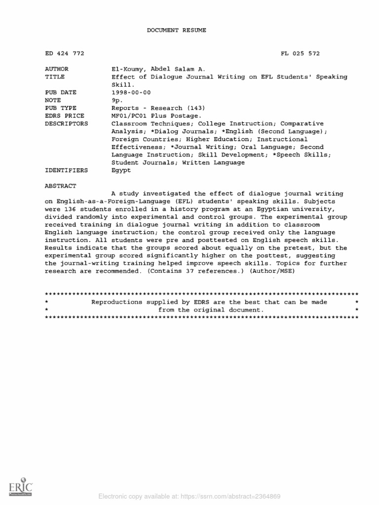 Effect of Dialogue Journal Writing On EFL Students' Speaking Skill ...