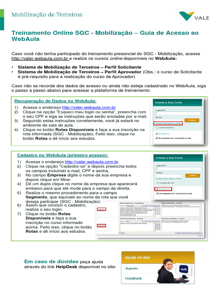 Guia de Acesso Ao WebAula Treinamento Online SMT Contratada | PDF