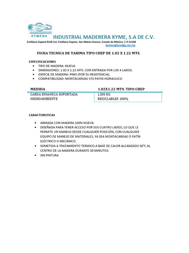 Ficha Tecnica Tipo Chep Tarima | PDF