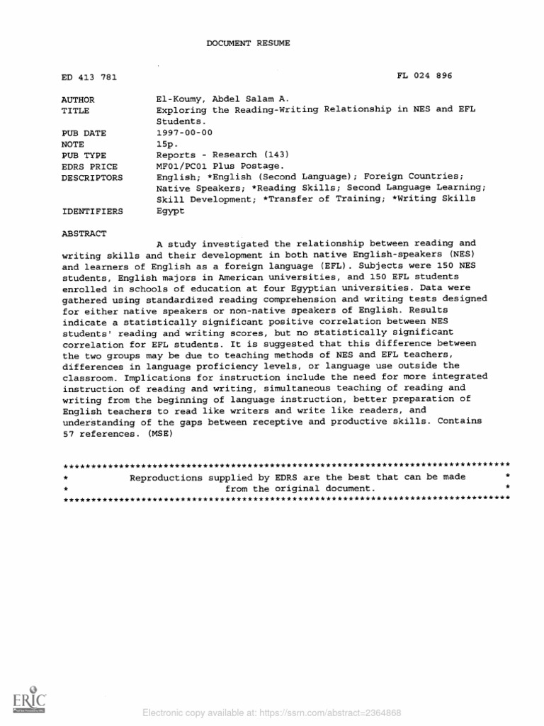 Exploring The Reading-Writing Relationship in NES and EFL Students ...