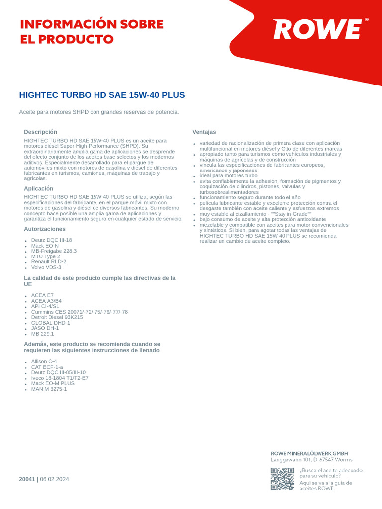 Ficha Tecnica Rowe 15w40 | PDF | Turbocompresor | Motores