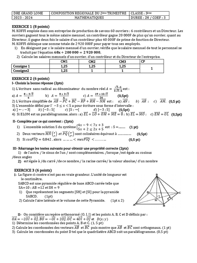 Épreuve de Maths 3ème - Togo 2024 | PDF | Mathématiques