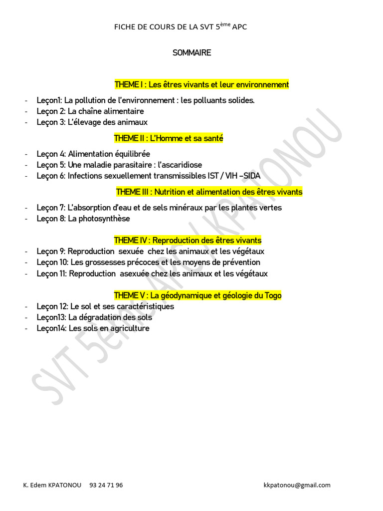 Cours SVT 5ème : Thèmes et Leçons | PDF | SIDA | Nourritures