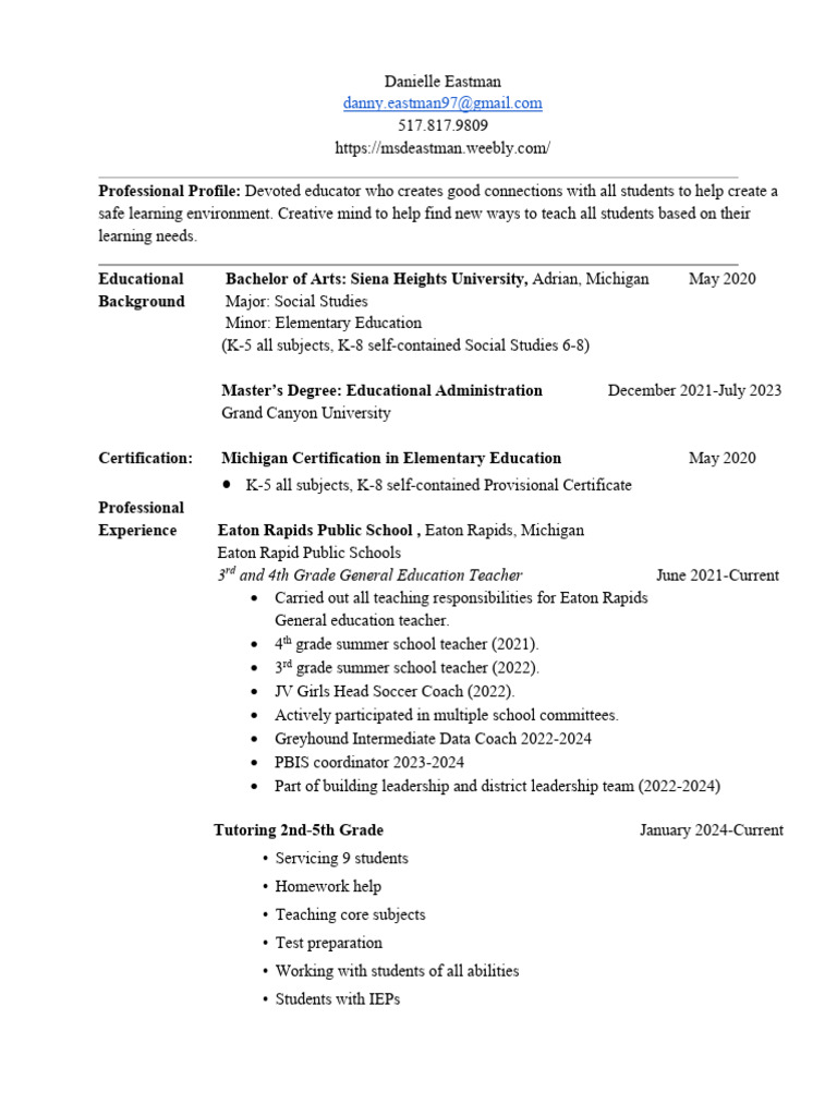 Eastman Resume 2024 PDF | Download Free PDF | Behavior Modification | Teaching