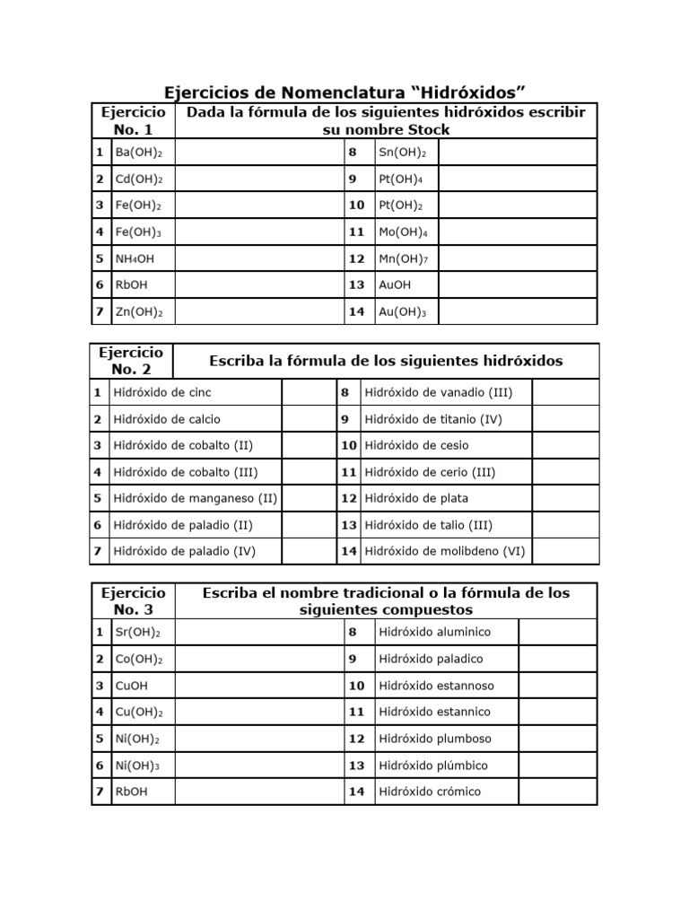 Ejercicios Nomenclatura 3 Hidróxidos | PDF