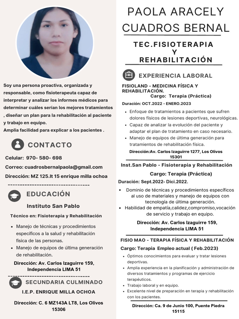 Curriculum Vitae Profesional Mujer Con Iconos Moderno Beige y Blanco | PDF | Terapia física ...