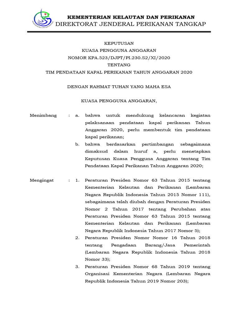 Kep KPA Tim Data Kapal No. KPA.523 - DJPT - PI.230.S2 - XI - 2020 ...