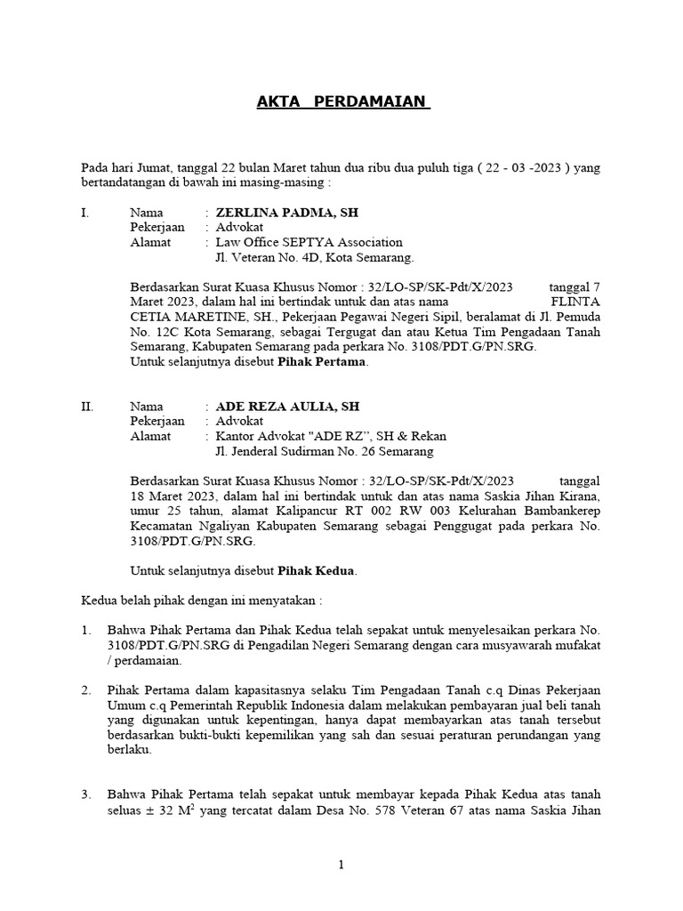 AKTA PERDAMAIAN Jual Beli Tanah | PDF