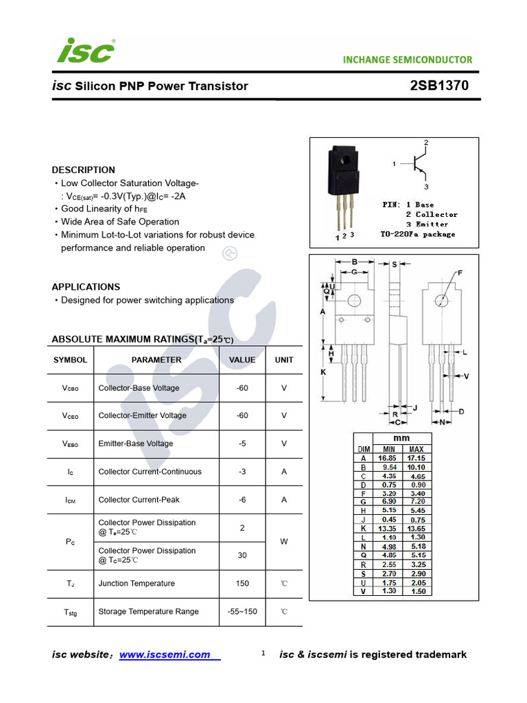 B1370 Inchange | PDF | Bipolar Junction Transistor | Electrical Engineering