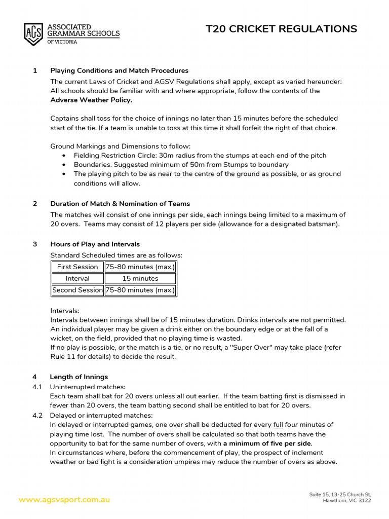 Boys T20 Regulations | PDF | Bowling (Cricket) | Cricket