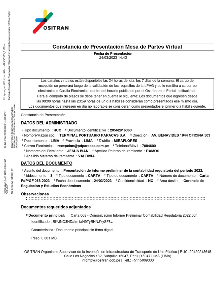 Constancia de Presentación Virtual OSITRAN | PDF