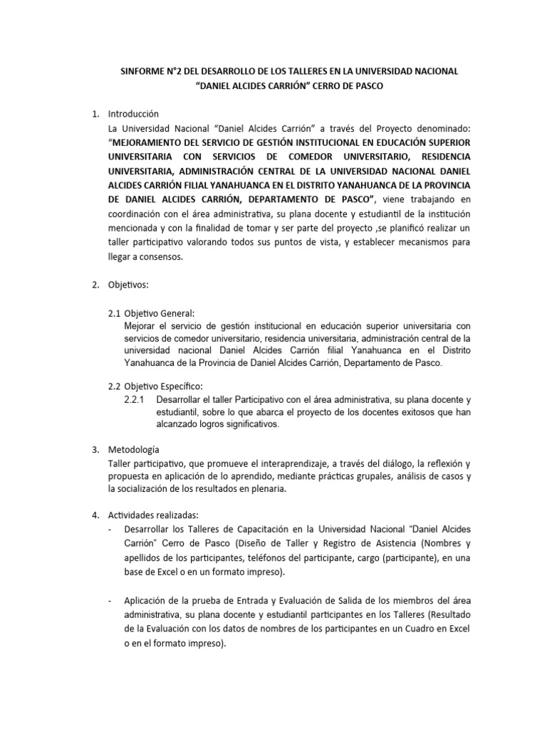 Informe de Taller de Capacitacion | PDF | Maestros | Evaluación