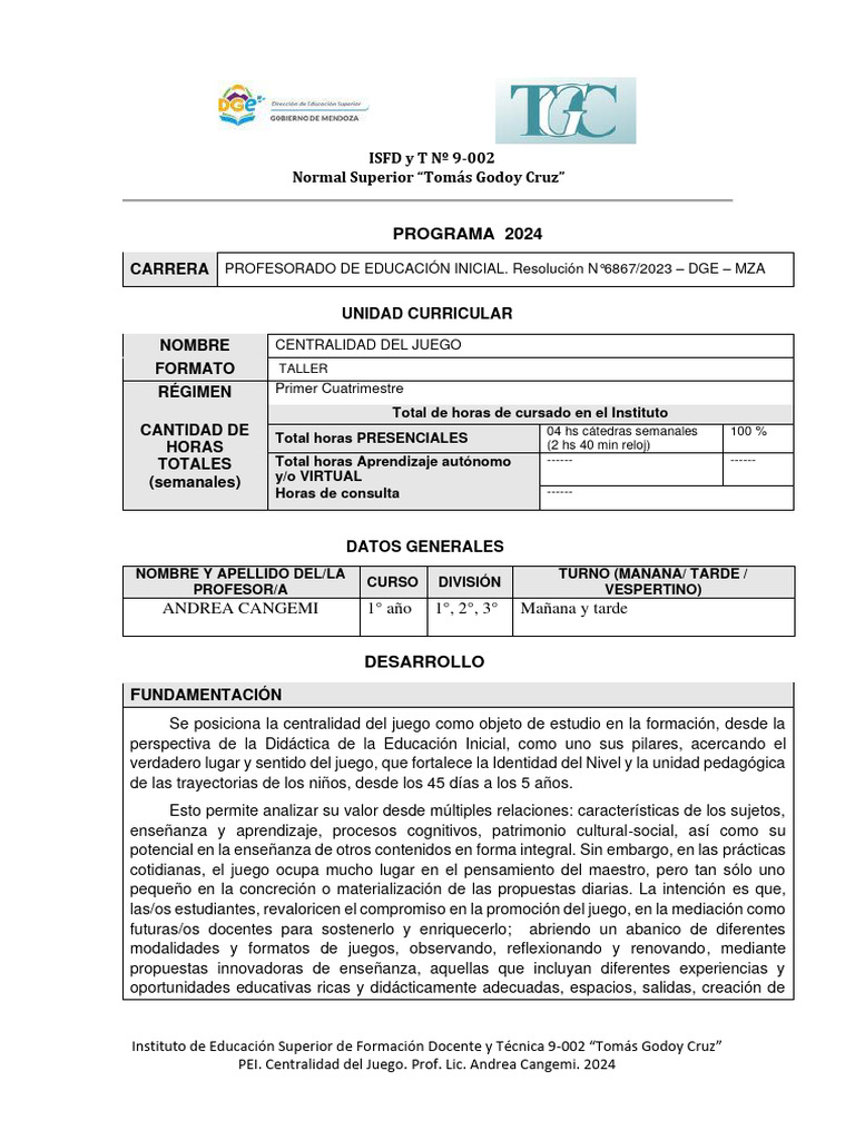 1 Programa Centralidad Del Juego PEI 2024 Prof. Andrea Cangemi | PDF ...