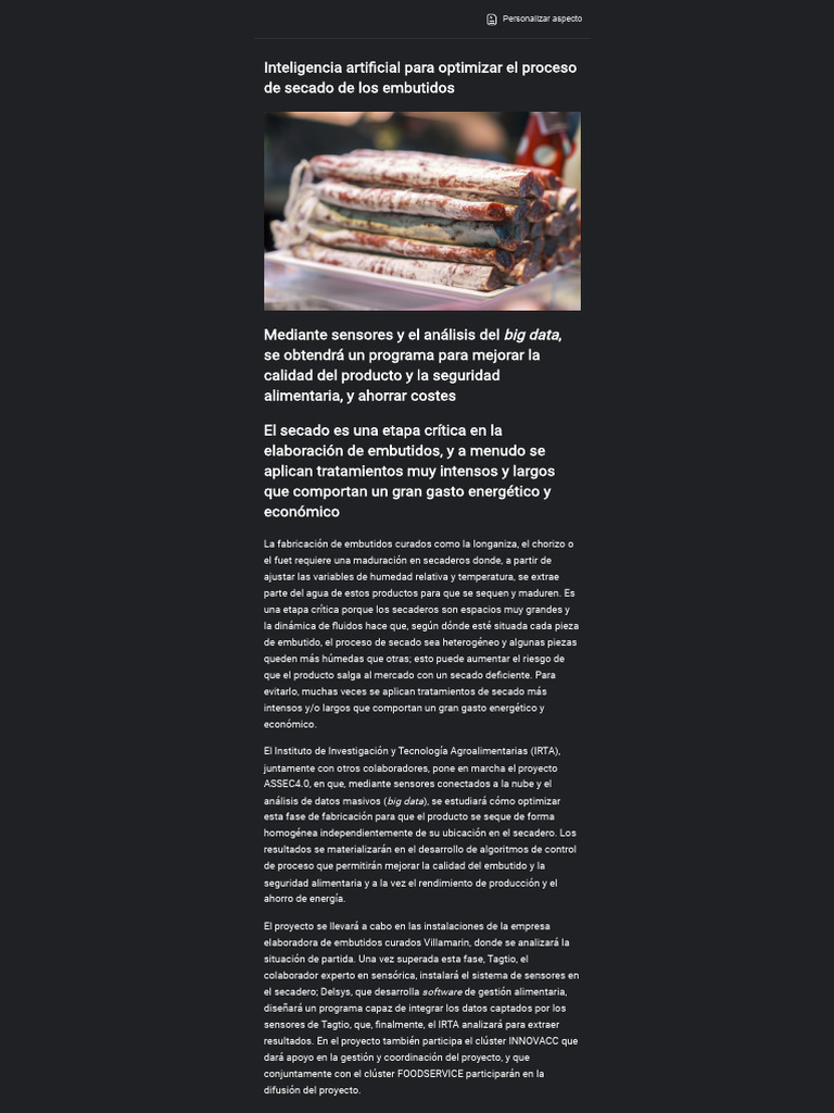 Inteligencia Artificial para Optimizar El Proceso de Secado de Los Embutidos - Modo de Lectura | PDF
