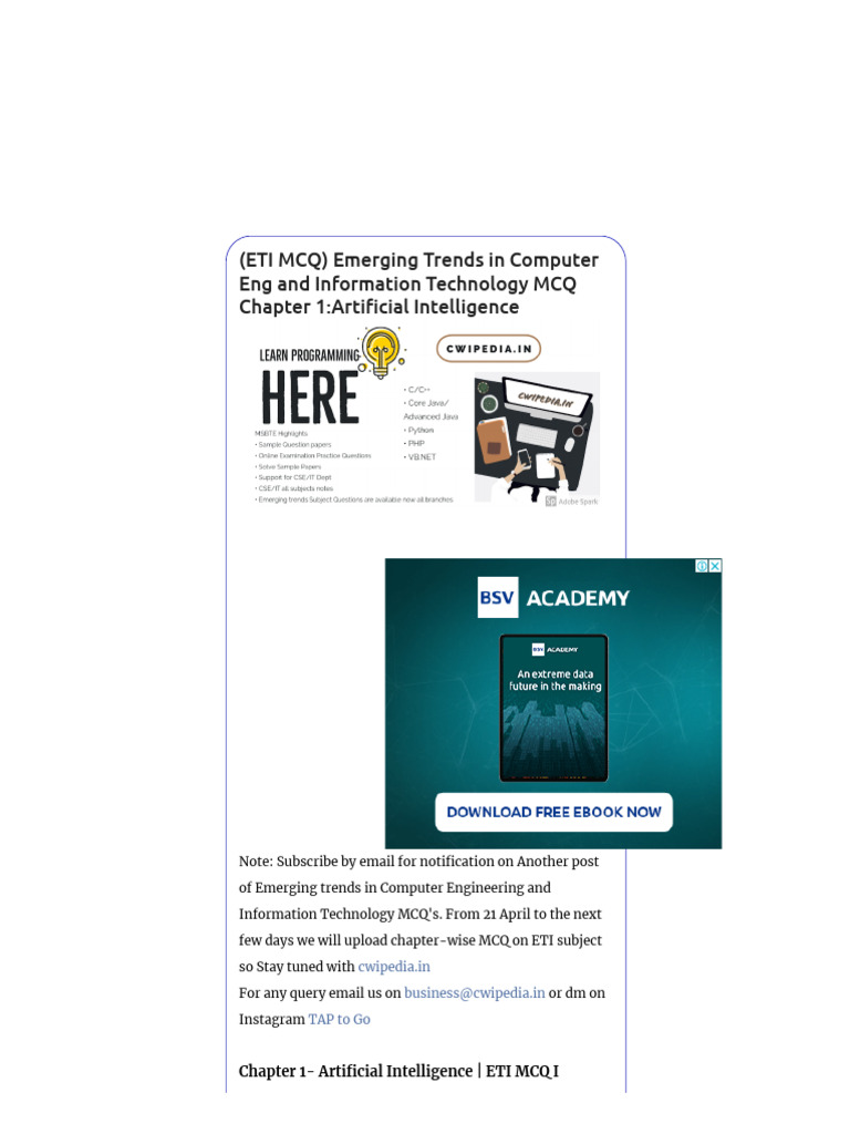 (ETI MCQ) Emerging Trends in Computer Eng and Information Technology MCQ Chapter 1 - Artificial ...