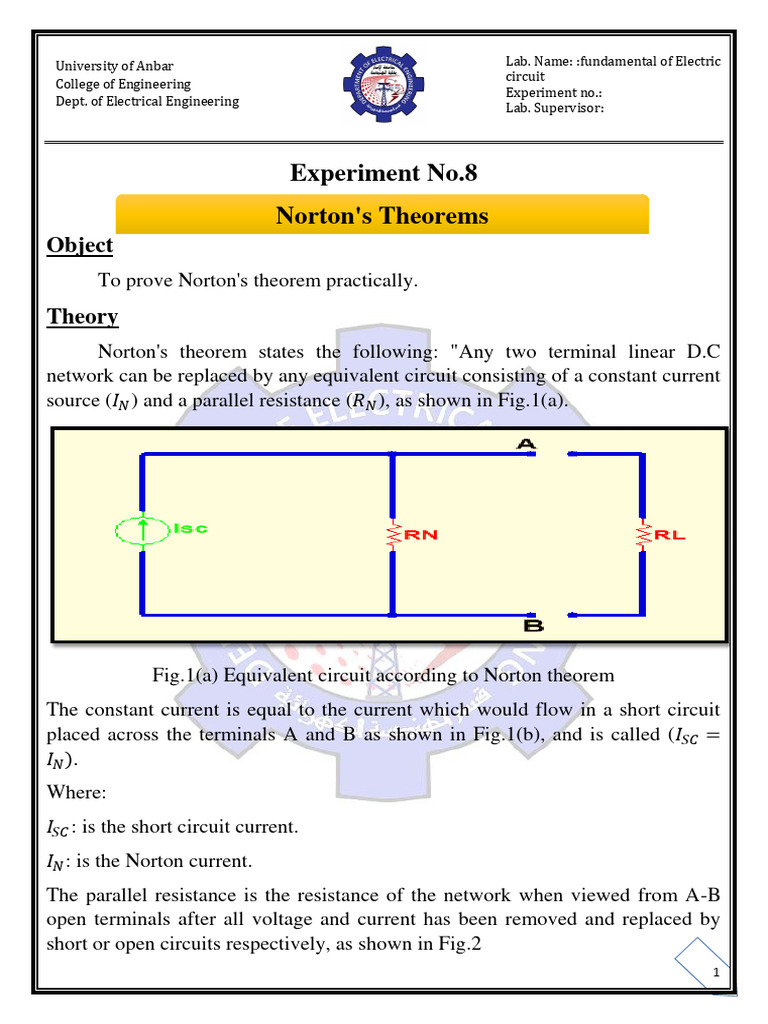 Experiment No.8 Norton's Theorems: Object | PDF
