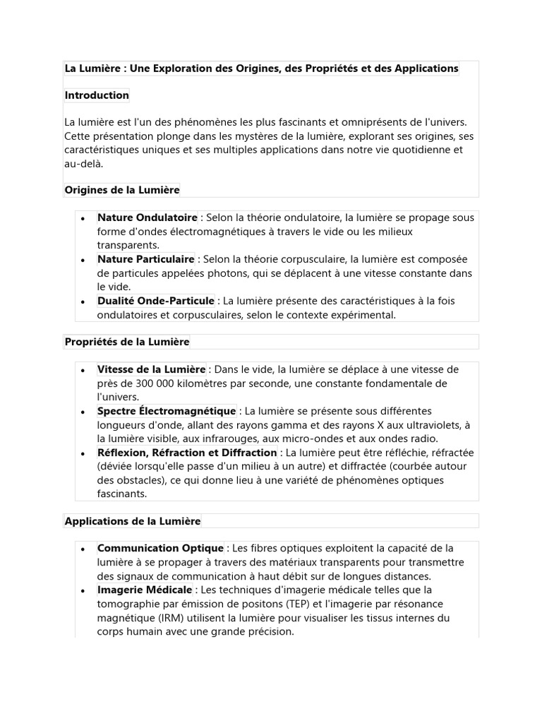 Propriétés et Applications de la Lumière | PDF | Lumière | Vagues