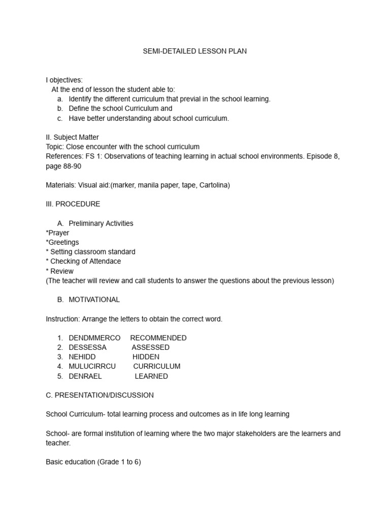 Semi Detailed Lesson Plan | PDF | Curriculum | Lesson Plan