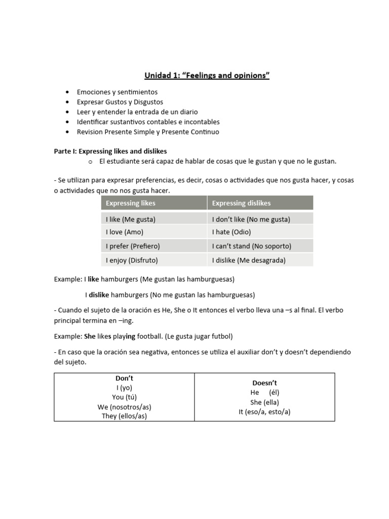 Expresando emociones y gustos en inglés | PDF | Asunto (gramática ...
