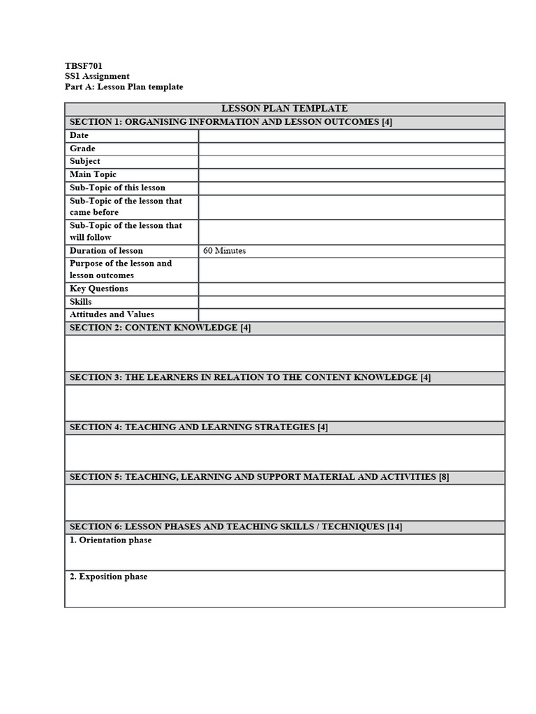 TBSF701_SS1 Leson Plan Template-1 | PDF