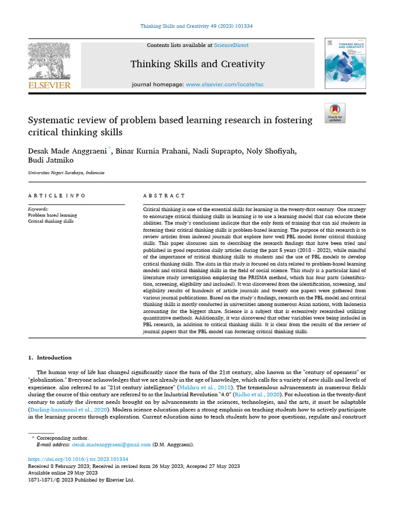 Systematic Review of Problem Based Learning Research in Fostering Critical Thinking Skills | PDF ...