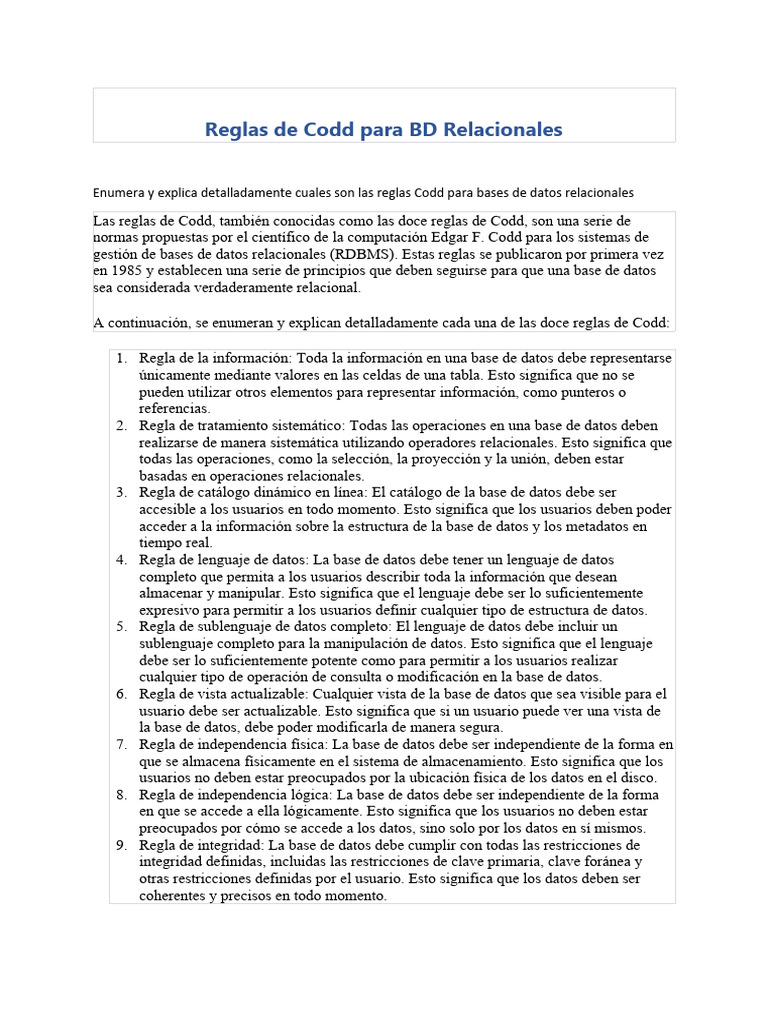 Reglas Codd para BD Relacionales | PDF | Bases de datos | Base de datos ...