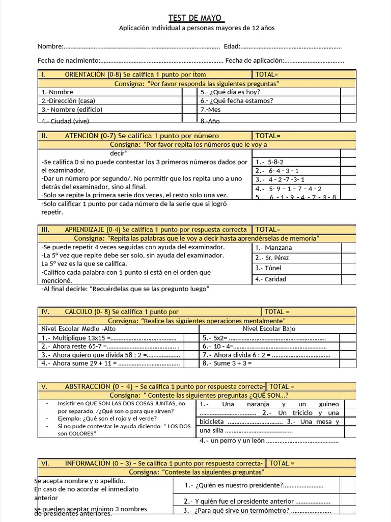 Test de Mayo: Evaluación Cognitiva | PDF