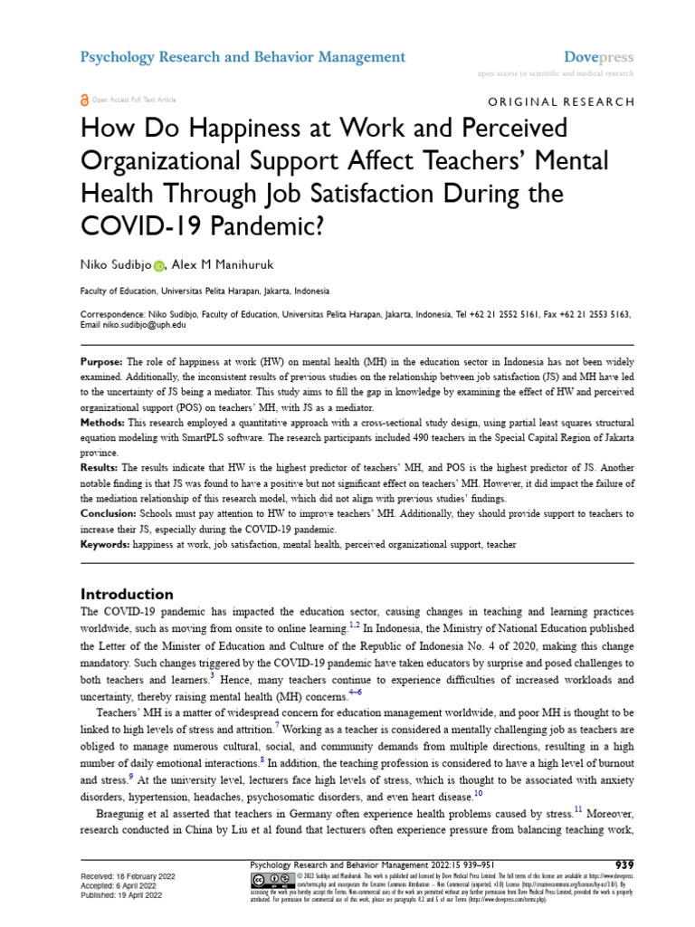 How Do Happiness at Work and Perceived Organizational Support Affect Teachers' Mental Health ...