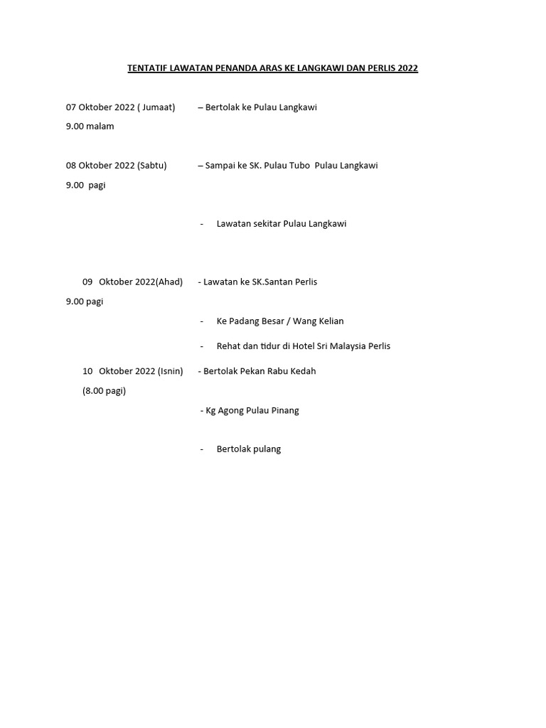 Tentatif Lawatan Penanda Aras Ke Langkawi Dan Perlis 2022 | PDF