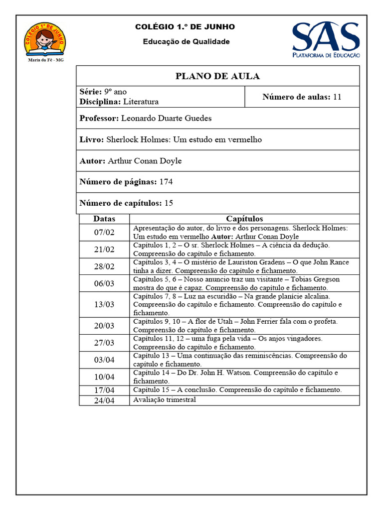 Plano de Aula - Literatura 9 Ano - 1 Trimestre | PDF