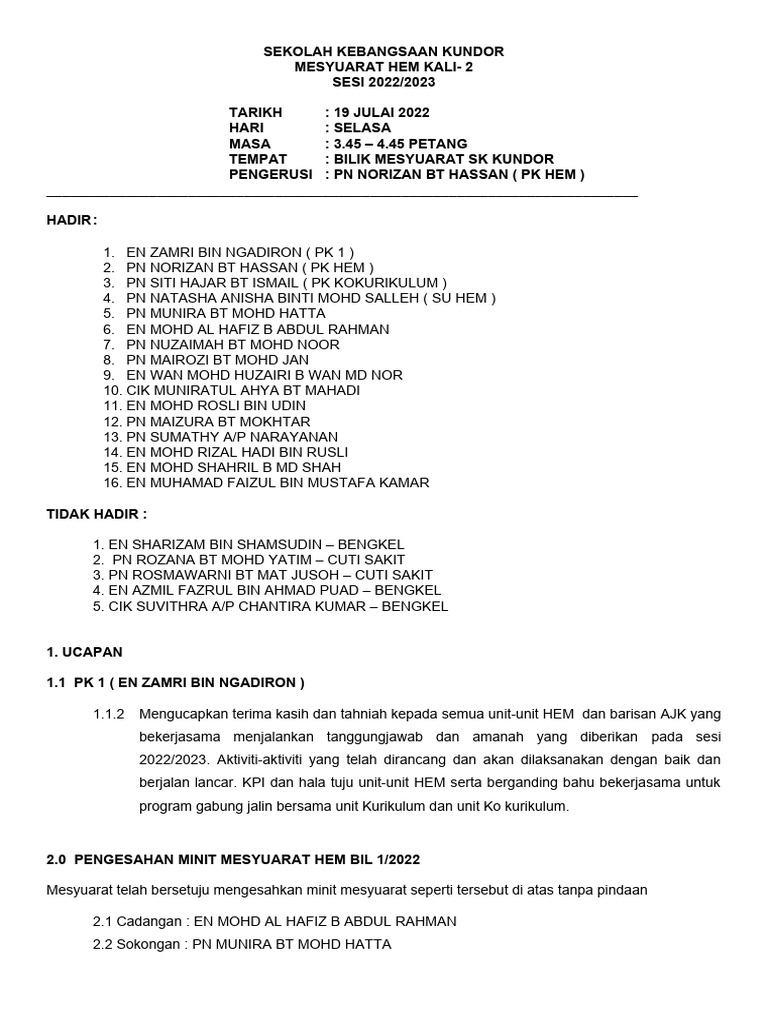Minit Mesyuarat HEM BIL 2 2022 | PDF