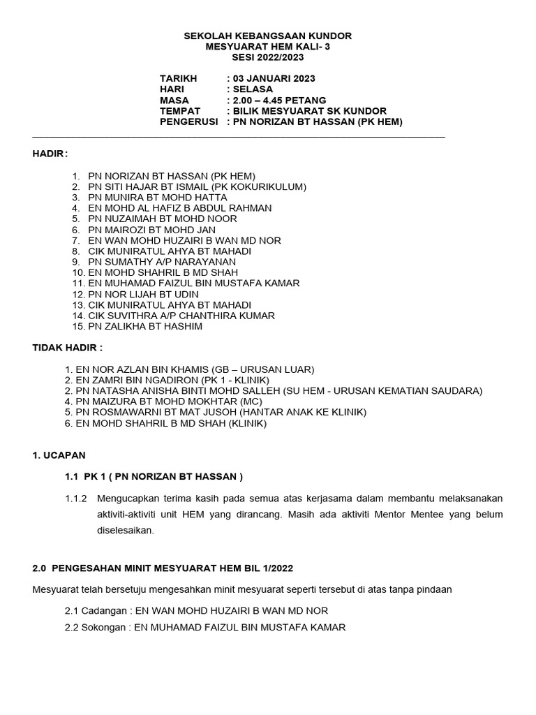 Minit Mesyuarat HEM BIL 3 2022 | PDF