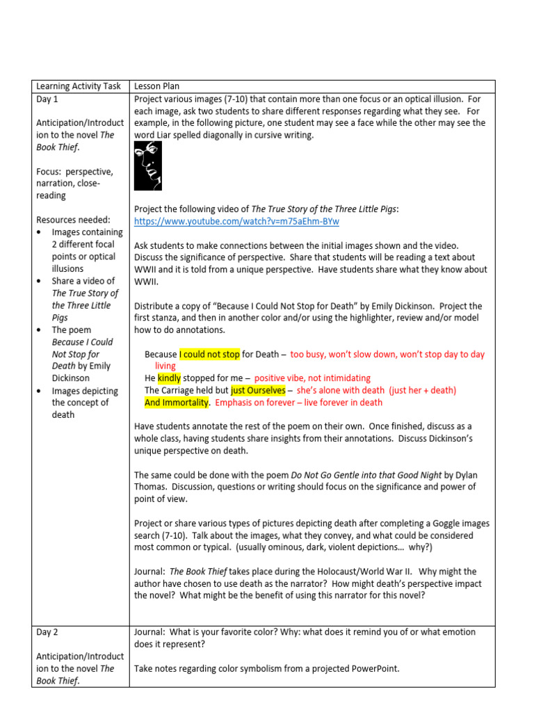 Book Thief Learning Activities and Plans | PDF | Narration | Metaphor