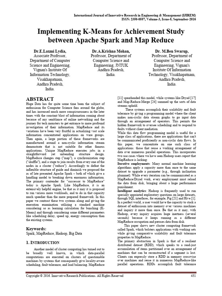 Implementing K Means For Achievement Stu Pdf Apache Hadoop Apache Spark 