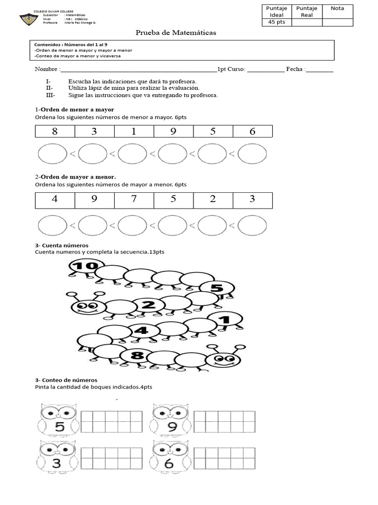 Prueba de Números 1 Al 9 | PDF