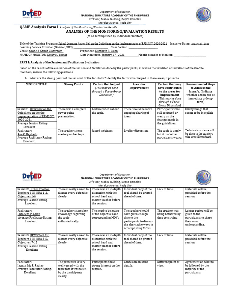 NEAP QAME Analysis RPMS SLAC | PDF | Evaluation | Human Communication