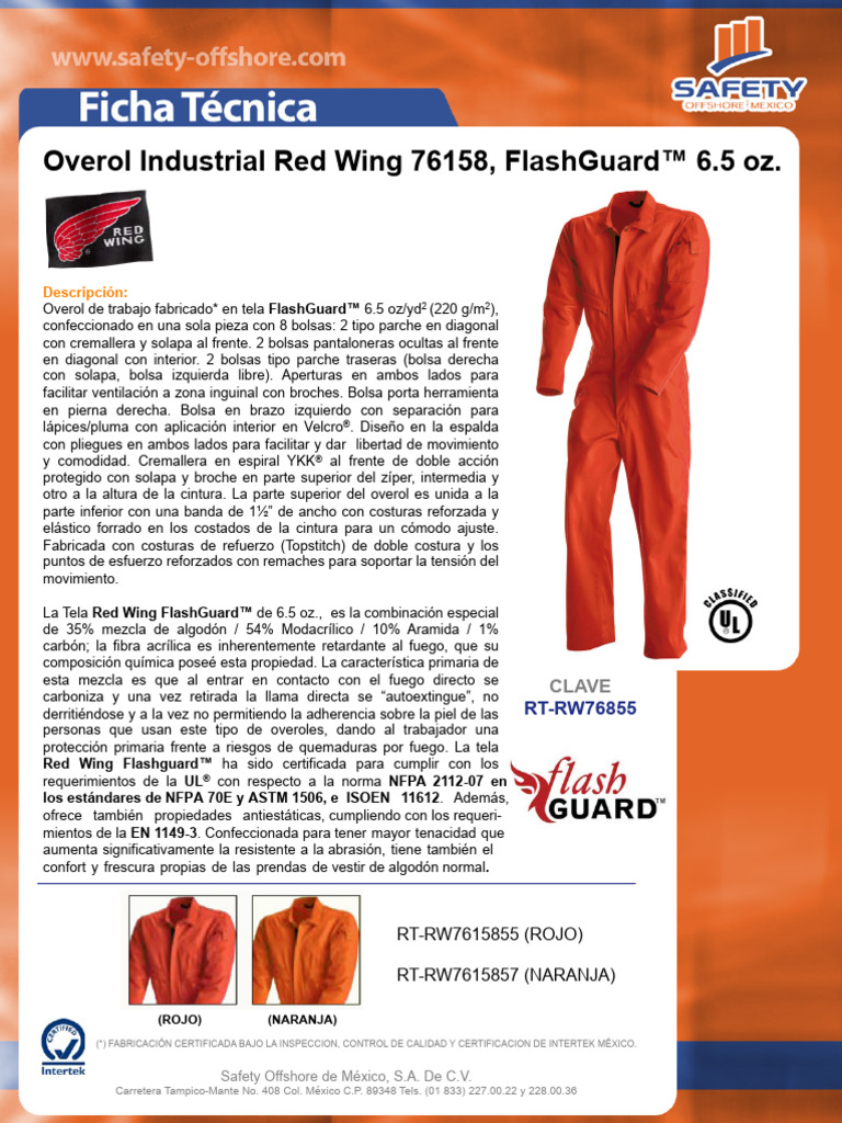 Ficha Técnica 76158 Overol RedWing FlashGuard 6 - 5oz-Key | Descargar ...