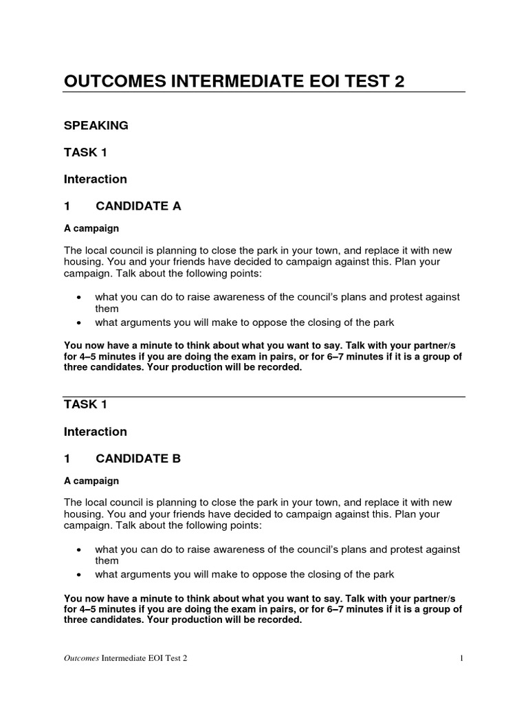 Outcomes Intermediate EOI Test 2 - Speaking | Download Free PDF ...