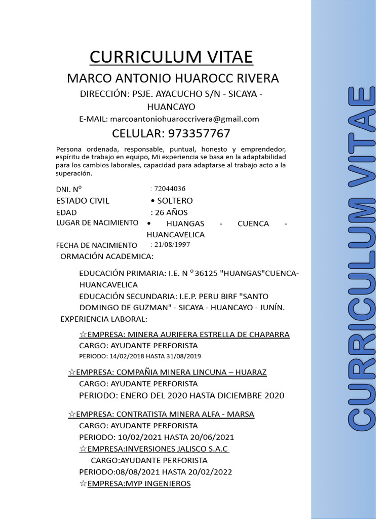 Curriculum Vitae: Marco Antonio Huarocc Rivera | PDF | Crecimiento ...