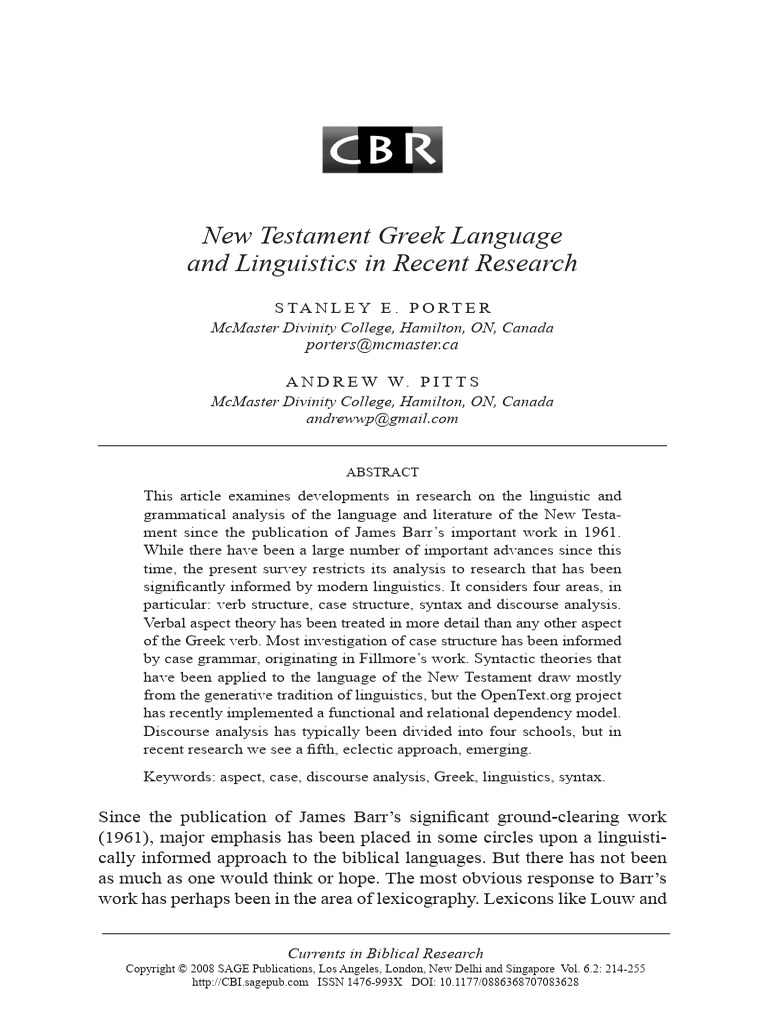 New Testament Greek Language and Lingui | PDF | Syntax | Phrase
