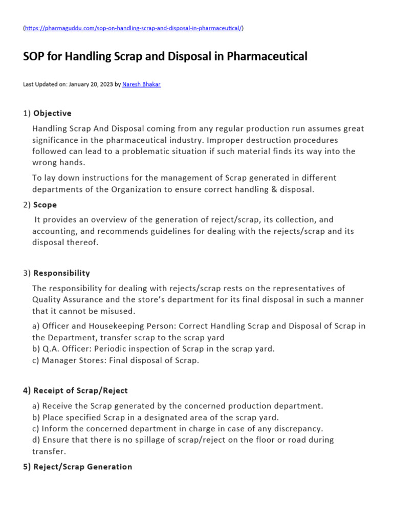 SOP For Handling Scrap and Disposal in Pharmaceutical | PDF | Scrap ...