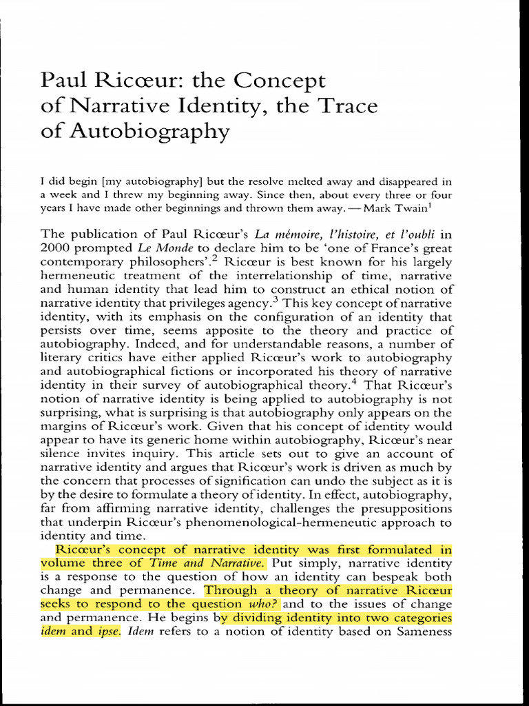 Paul Ricoeur The Concept of Narrative Ide | PDF | Narrative ...