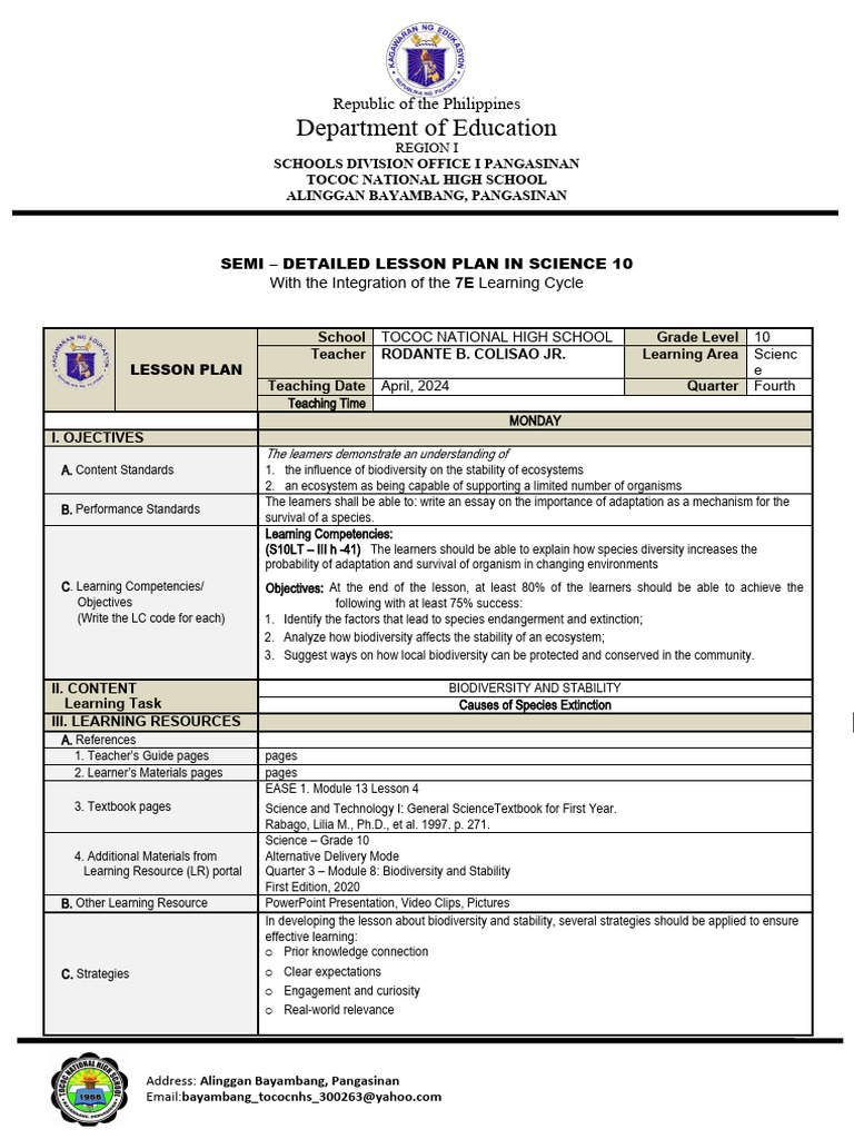 Semi Detailed Lesson Plan in Science 10 | PDF | Biodiversity | Learning
